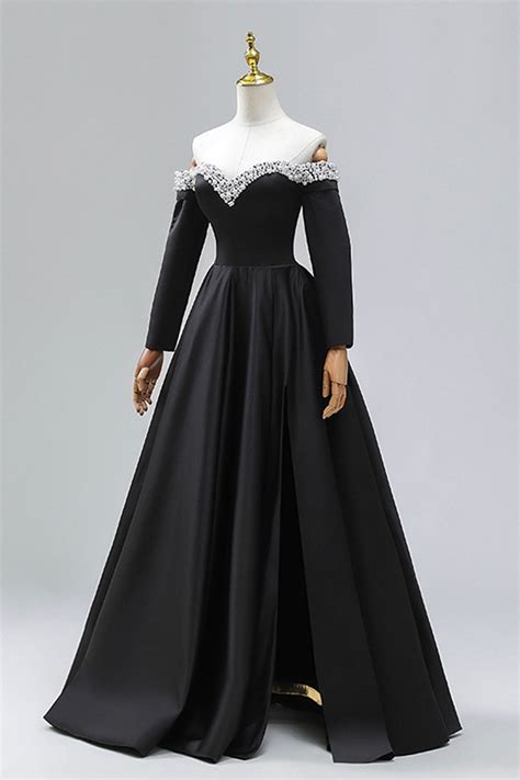 Black Off The Shoulder Pearls Long Sleeve Prom Dress A Line Evening P