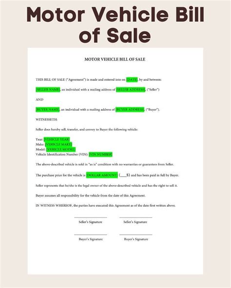 Professional Motor Vehicle Bill Of Sale Form Editable Ms Word File Etsy