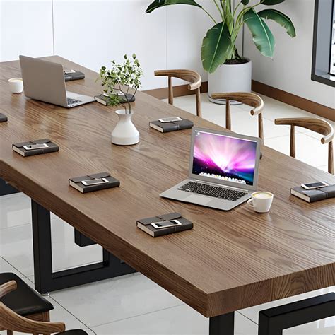 Industrial Pine Wood Office Desk Brown Rectangular Desk With Metal Base