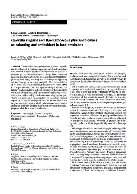 Pdf Chlorella Vulgaris And Haematococcus Pluvialis Biomass As