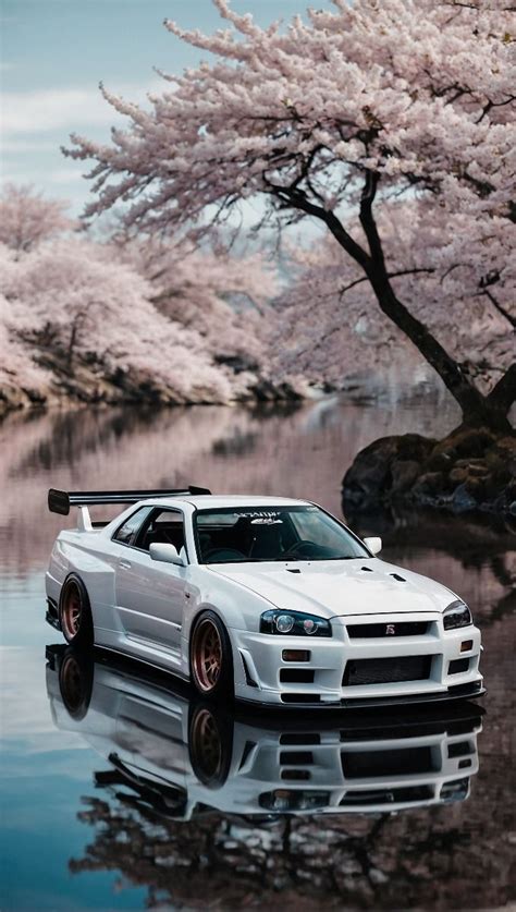 A Nissan Gtr On A Pristine Lake Surrounded By Cherry Blossoms Nissan