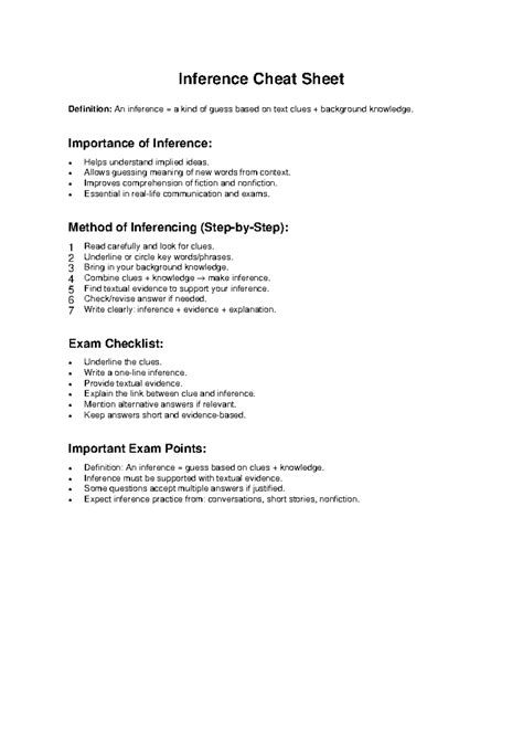 Inference Cheat Sheet Key Concepts And Exam Tips Studocu