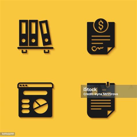 긴 그림자가 있는 Office 폴더 이력서 원형 차트 인포그래픽 및 계약 금액 아이콘을 설정합니다 벡터 개념에 대한 스톡 벡터