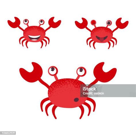 귀여운 만화 빨간 게 그림입니다 재미 웃는 게 캐릭터 벡터 일러스트 레이 션입니다 흰색 배경에 고립 된 게의 세트 갈고리 발톱에 대한 스톡 벡터 아트 및 기타 이미지