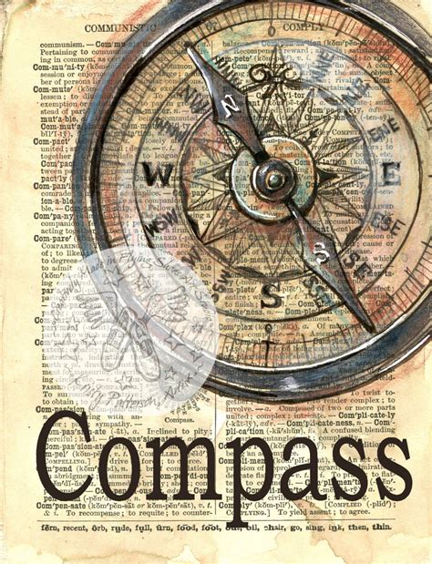 Print Compass Mixed Media Drawing On Dictionary Page Etsy