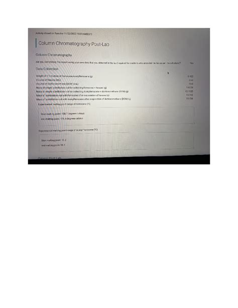 Column Chromatography Post Lab En T Any Own Data That You Obtained In The Lab Required For