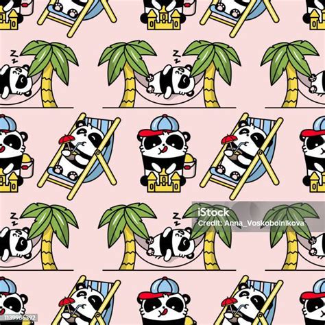바다 여름 휴가에 귀여운 팬더 귀 엽 다 곰 선형 스타일의 벡터 평면 원활한 색상 패턴입니다 Political Party에 대한 스톡 벡터 아트 및 기타 이미지 Istock