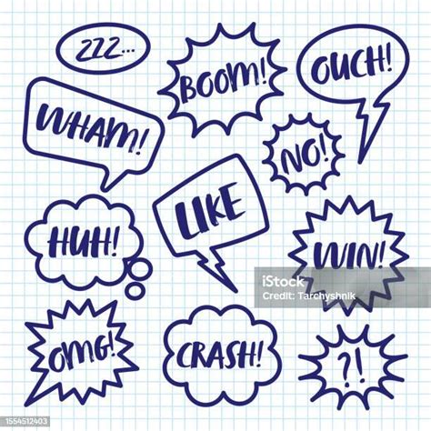 바둑판 무늬 종이에 손으로 그린 만화 말풍선 그림을 그리기 위한 학교 공책 간단한 복고풍 만화 스티커 채팅 메시지 상자 벡터 그림 개체 그룹에 대한 스톡 벡터 아트 및 기타