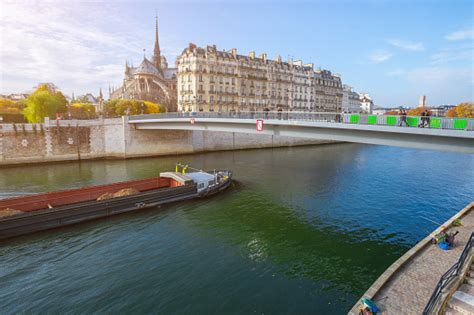 가 오후에 노트르담 드 파리의 대성당 세 느 강 제방입니다 바지선 운반 화물 관광객 및 원주민 산책과 따뜻한 날씨에 휴식 흐리게 인식할 수 없는 얼굴 파리입니다 프랑스 0