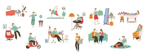 남자 일상적인 일상 생활 일정 습관 플랫 세트 무료 벡터