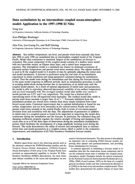 Pdf Data Assimilation By An Intermediate Coupled Ocean Atmosphere Model Application To The