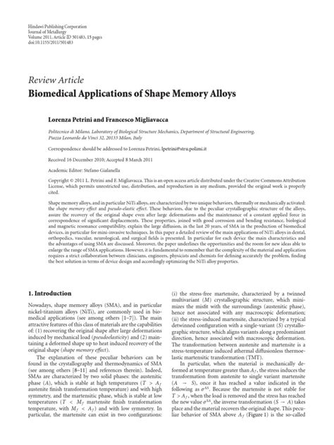 Review Article Biomedical Applications Of Shape Memory Alloys Pdf Shape Memory Alloy