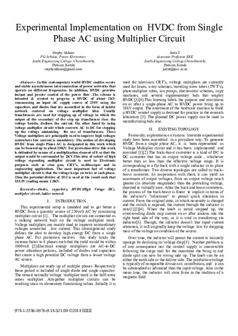 Pdf Experimental Implementation On Hvdc From Single Phase Ac Using Multiplier Circuit