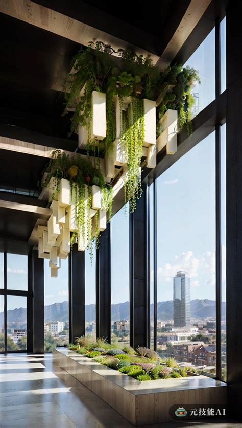 Ai提示词：这座建筑证明了人类的独创性和大自然的奇迹。它的设计将先进技术与传统工艺无缝融合，使结构既实用又美观。立面金属的使用向该地区的工业遗产致敬，而悬挂在天花板上的空中花园则为城市生活的