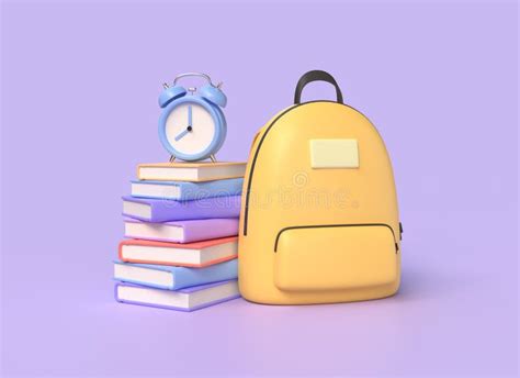 3d Backpack Stack Of Books And Alarm Clock In Cartoon Style Concept