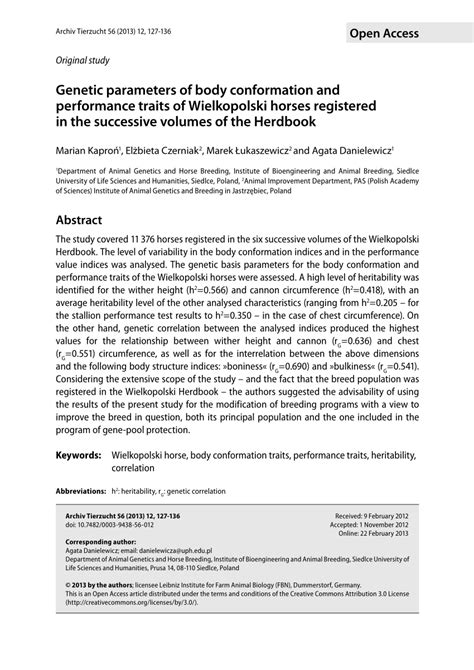 Pdf Genetic Parameters Of Body Conformation And Performance Traits Of