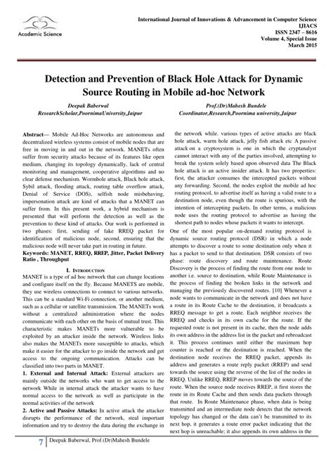 Pdf Detection And Prevention Of Black Hole Attack For Dynamic Source