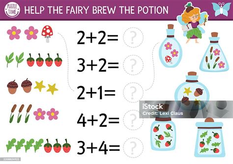 요정 양조 물약과 숫자 동화 나라 게임을 일치시킵니다 미취학 아동을 위한 숲 공주 수학 활동 동화 교육 계산 도토리 베리 꽃이 있는 워크시트 일치 0명에 대한 스톡 벡터