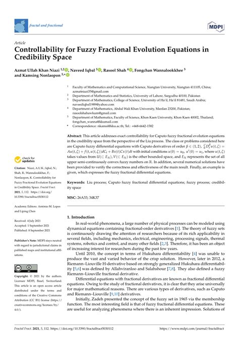 Pdf Controllability For Fuzzy Fractional Evolution Equations In Credibility Space