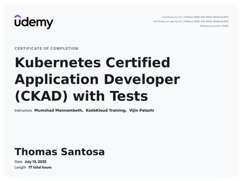 My Course Completion Certificate For Kubernetes Certified Application