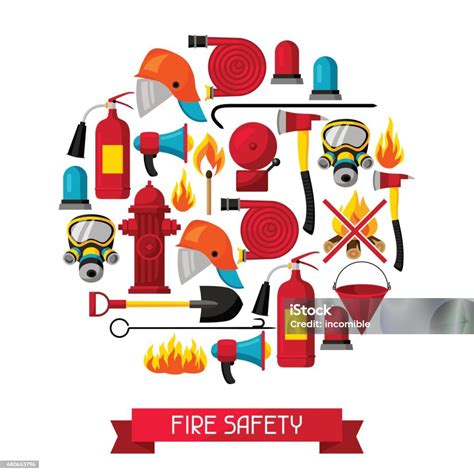 พื้นหลังที่มีรายการดับเพลิง อุปกรณ์ป้องกันอัคคีภัย ภาพประกอบสต็อก ดาวน์โหลดรูปภาพตอนนี้