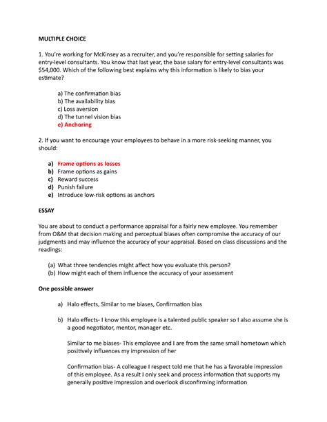 Midterm Sample Questions And Answers MULTIPLE CHOICE Youre Working For McKinsey As A