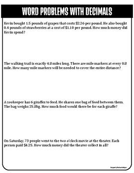Word Problems With Decimals By Fellow5th TPT