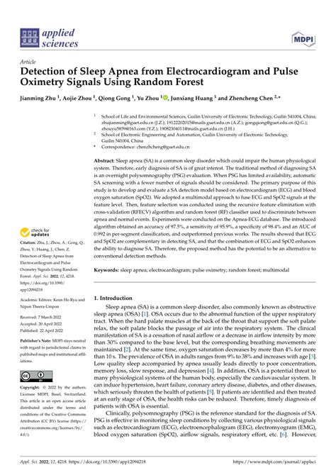 Pdf Detection Of Sleep Apnea From Electrocardiogram And Pulse Oximetry Signals Using Random Forest