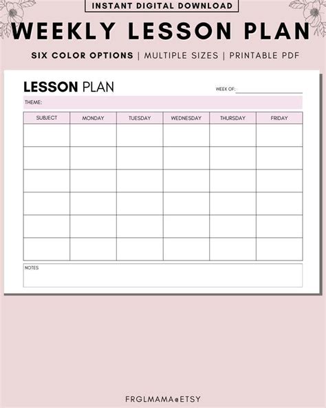 Printable Weekly Lesson Plan Template Preschool Kindergarten Etsy Uk