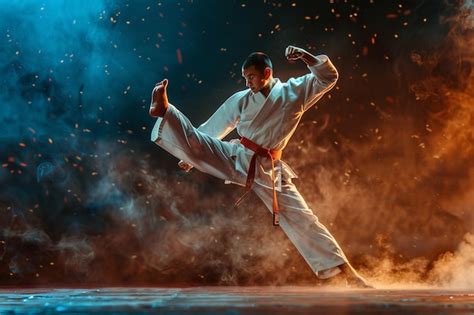There Is A Man In A Karate Stance Doing A Kick Generative Ai Premium Ai Generated Image