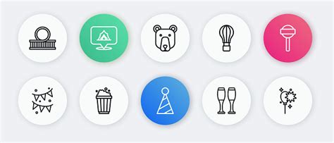 세트 라인 파티 모자 롤리팝 깃발 볼링 핀 열기구 곰 머리 풍선 리본 및 팝콘 골판지 상자 아이콘과 카니발 화환 벡터 갈란드 장식품에 대한 스톡 벡터 아트 및 기타 이미지