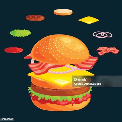 햄버거 구이 쇠고기 야채 세트 소스 롤빵 스낵 햄버거 패스트 푸드 식사 메뉴 바베 큐 고기 배경과 자세한 개별 비행 조각 메뉴 재료 Vecor 일러스트와 옷 고기에 대한