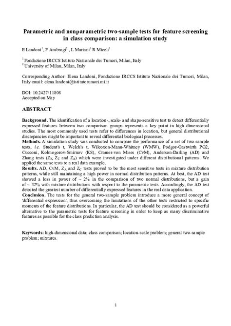 Pdf Parametric And Nonparametric Two Sample Tests For Feature Screening In Class Comparison A
