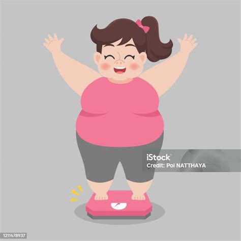 큰 뚱뚱한 여자 행복 체중 체중에 대 한 전자 저울에 서 축 하 하 고 체중 감량 목표 달성 건강 관리 개념 플랫 벡터 디자인