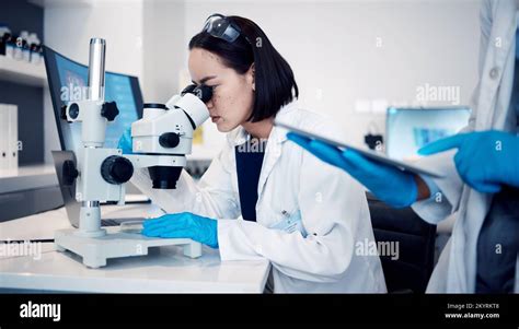 Lab Science Microscope Research And Scientist Working On Future Medical Development For Virus