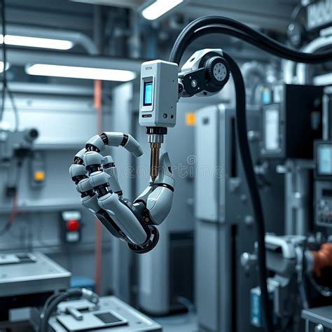 A Robotic Arm Holding A High Tech Fastening Tool Surrounded By