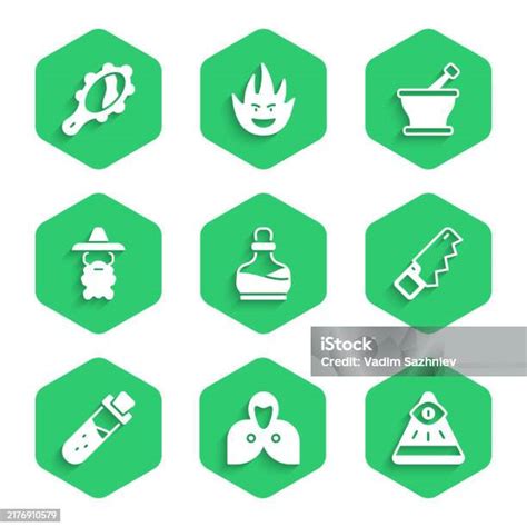 물약 맨틀 망토 망토 석공 손톱 마법사 흑마법사 박격포 유봉 및 마법 손 거울 아이콘이 있는 병 세트 벡터 Freemasons에 대한 스톡 벡터 아트 및 기타 이미지