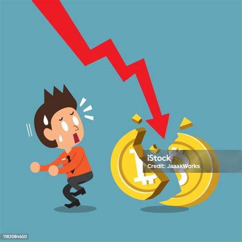 깨진 동전과 빨간색 화살표 기호와 암호 화폐 개념 사업가 깨짐에 대한 스톡 벡터 아트 및 기타 이미지 깨짐 비트코인 개념 Istock