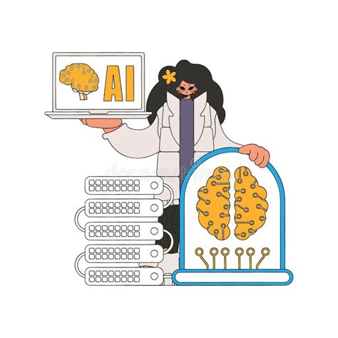 Girl With Ai Server Ai Concept Vector Linear Design Stock Vector Illustration Of Robot