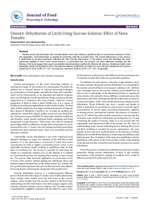 Pdf Osmotic Dehydration Of Litchi Using Sucrose Solution Effect Of Mass Transfer