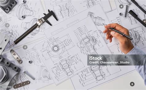 기계 부품 엔지니어링 엔진을 설계하는 엔지니어 기술자 제조 공장 산업 산업 작업 프로젝트 청사진 측정 베어링 캘리퍼스 도구 개발에 대한 스톡 사진 및 기타 이미지 Istock