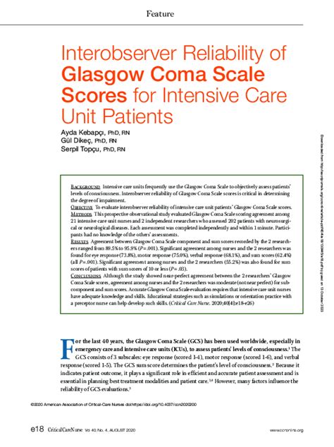 Pdf Interobserver Reliability Of Glasgow Coma Scale Scores For Intensive Care Unit Patients