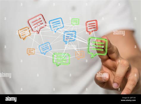 A Man Tapping A Floating 3D Rendered Colorful Message Icons Stock Photo
