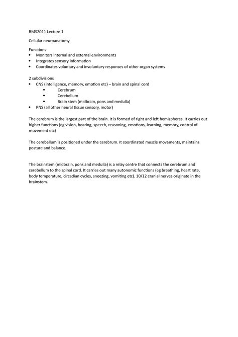 BMS2011 Neuroscience Lecture 1 BMS2011 Lecture 1 Cellular Neuroanatomy Functions Monitors