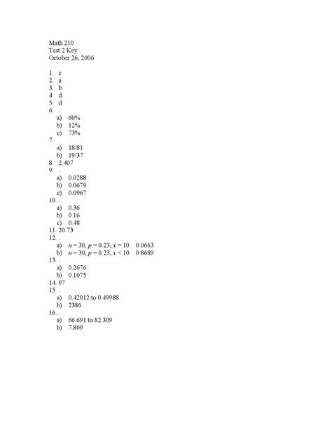 Exam 2 With Answer Key Introductory Statistics Math 210 Docsity