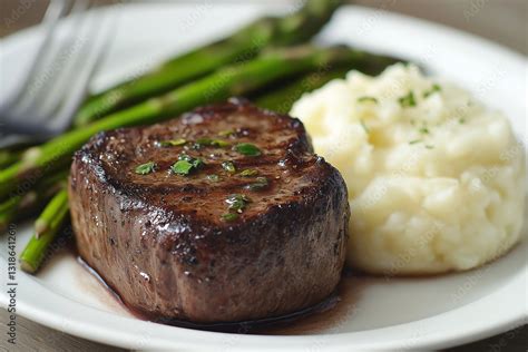 Gourmet Steak Dinner Featuring A Medium Rare Filet Mignon With Garlic