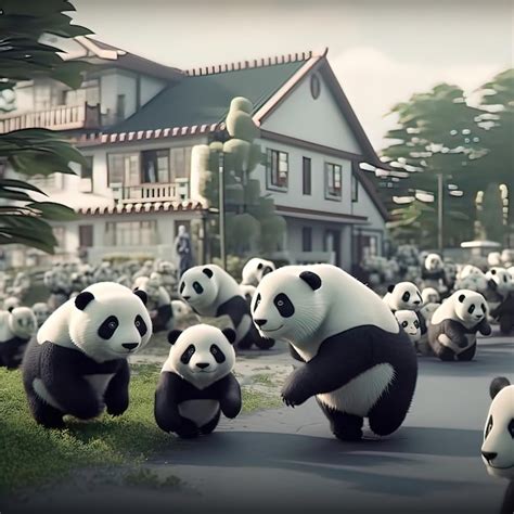 Premium AI Image A Group Of Pandas Are Standing In A Street With A