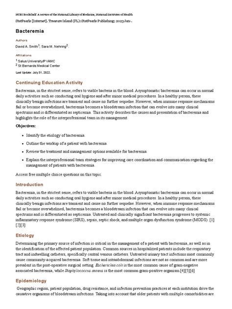 Bacteremia Statpearls Ncbi Bookshelf English Pdf Sepsis