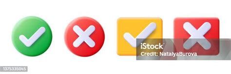 현실적인 옳고 그만된 3d 버튼 표시 아이콘을 확인합니다 녹색 진드기와 붉은 십자가 스톡 벡터 3차원 형태에 대한 스톡 벡터