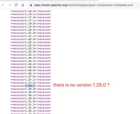 Why Grpc Core Maven Metadataxml File Dose Not Contains Version 1280 · Issue 10086 · Grpc